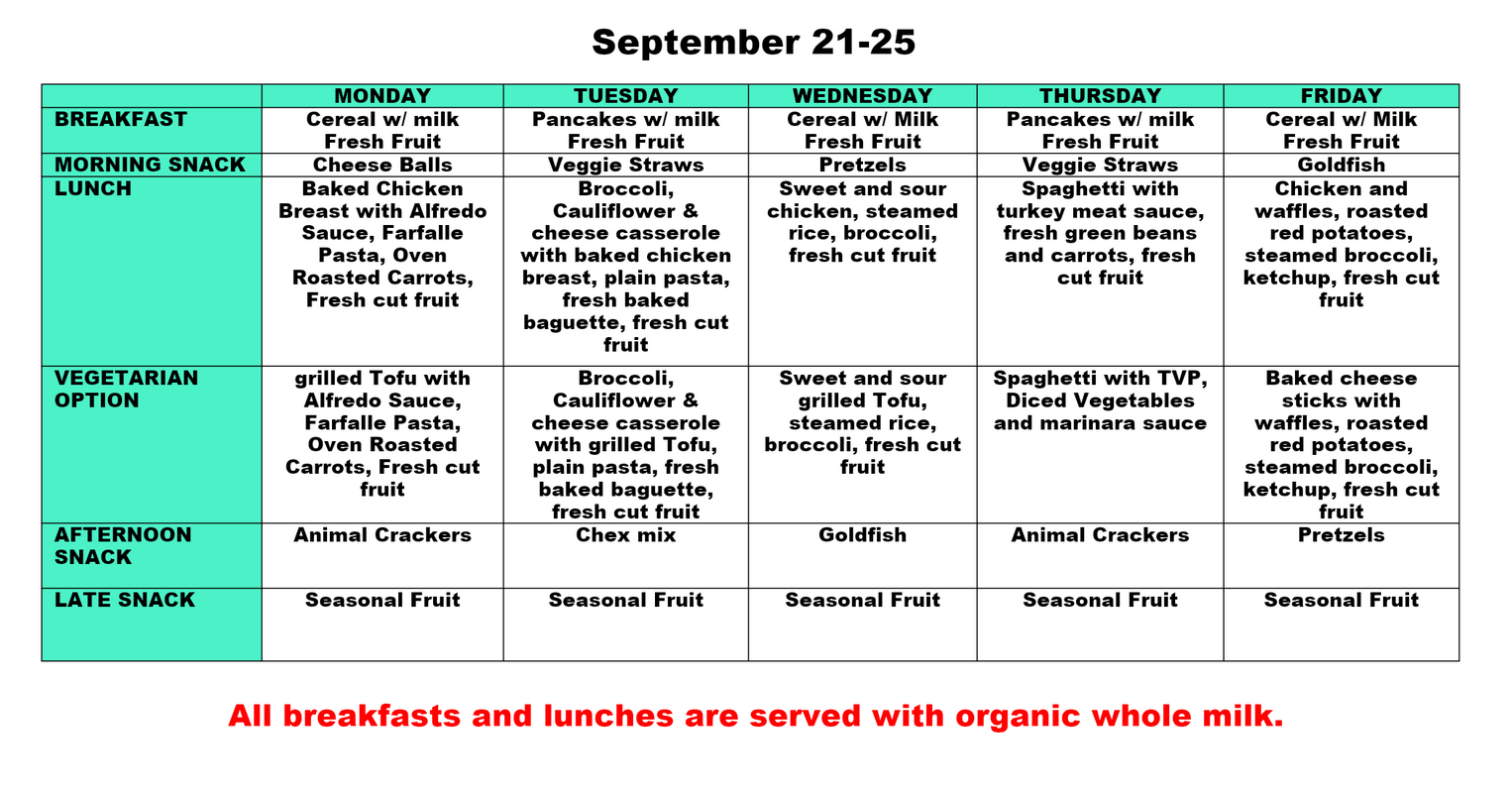 RedRose Montessori Preschool Menu Sep 21
